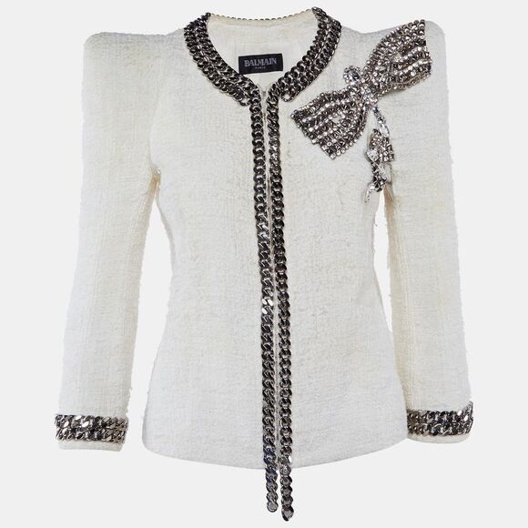 Balmain | Jackets & Coats | Balmain Ivory Tweed Chain Bow Embellished ...